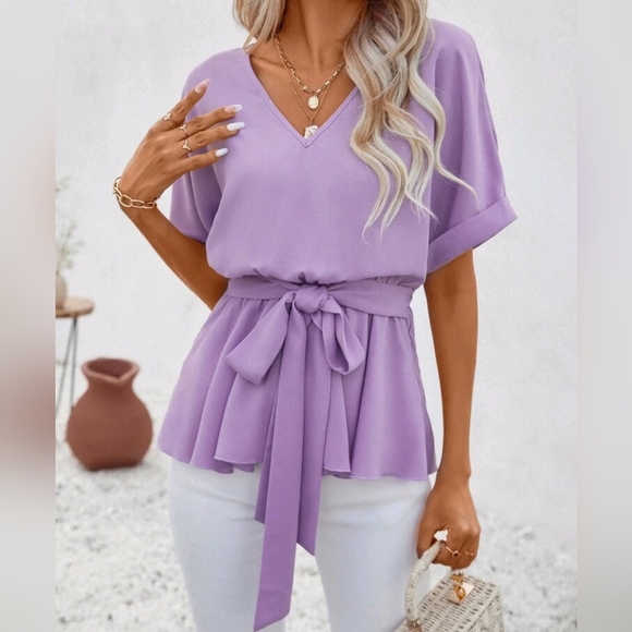 Tops | New Chic Belted Peplum Blouse Top Light Purple Lavender Lilac ...